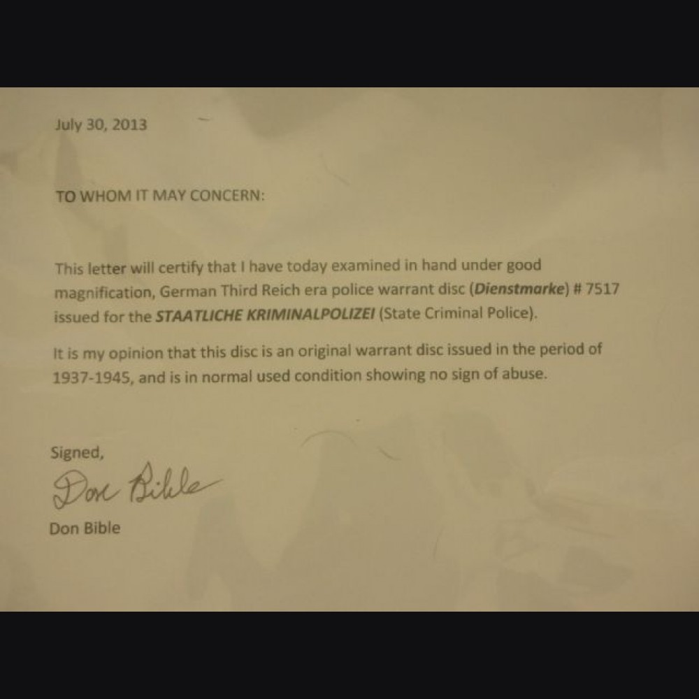 State Kripo Warrant Disc- Staatliche Kriminalpolizei